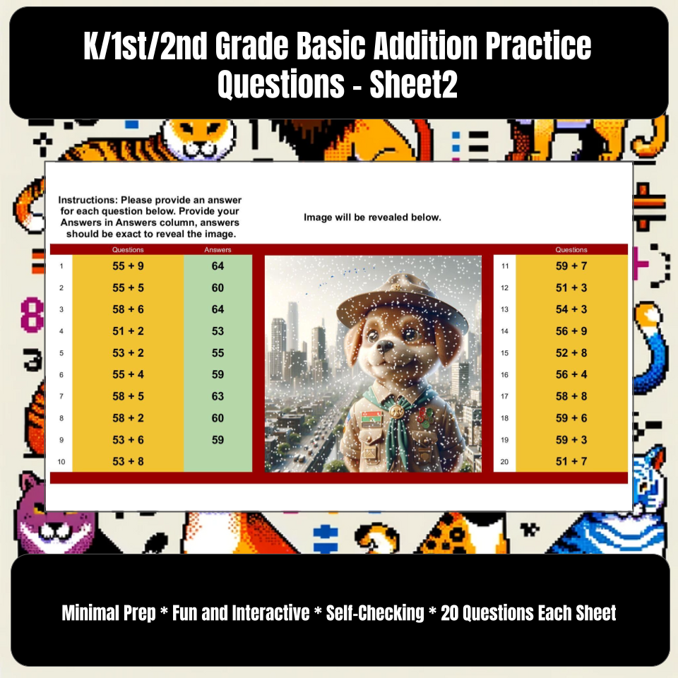 Pixel Art Math 2 Digit(40s,50s,60s) + 1 Digit Addition for Google Shee ...
