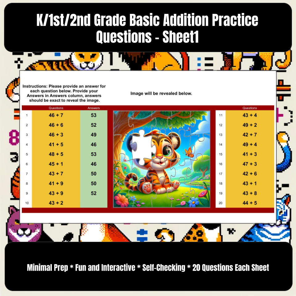 Pixel Art Math 2 Digit(40s,50s,60s) + 1 Digit Addition for Google Shee ...